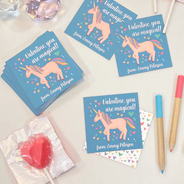 Blue Magical Unicorn Kids Classroom Valentine Card | Zazzle