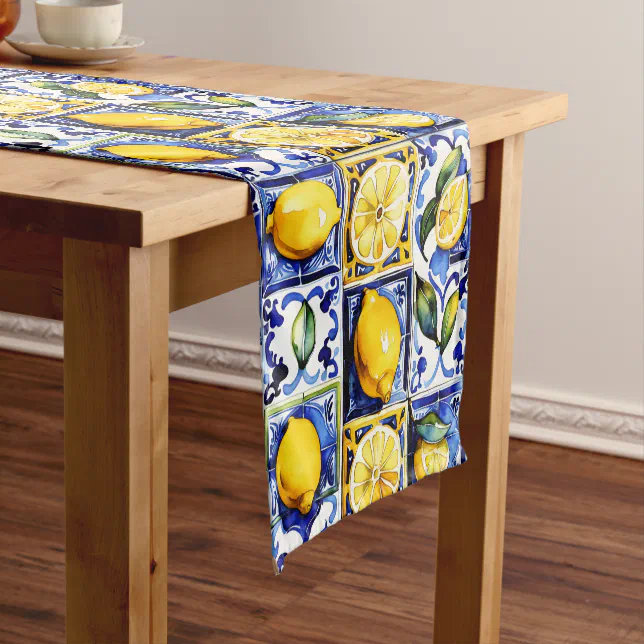 Blue Majolica tiles lemons Mediterranean themed Short Table Runner | Zazzle