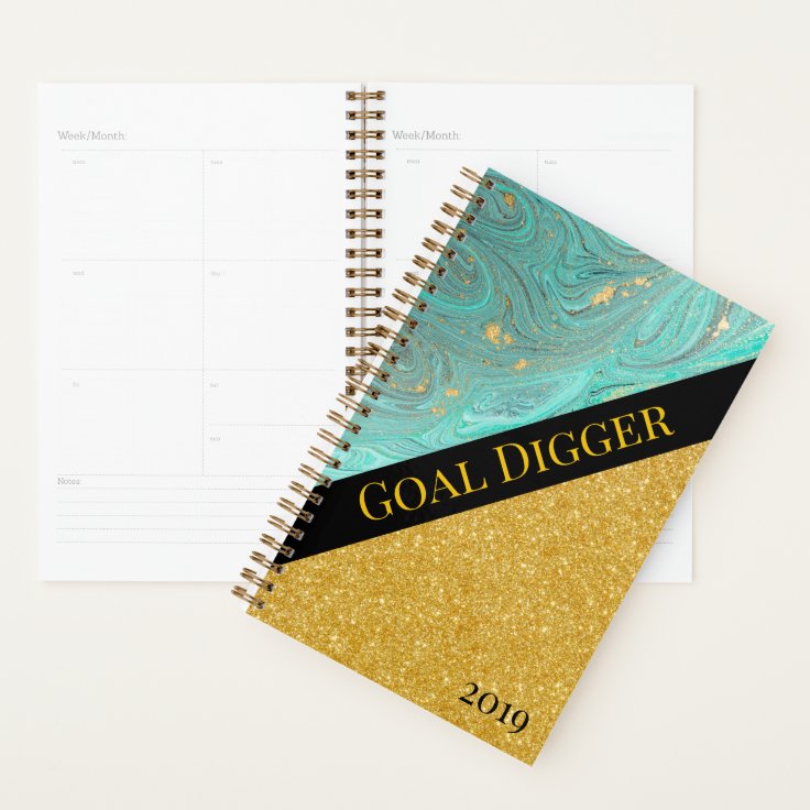 Blue Marble Gold Glitter Black Goal Digger Planner | Zazzle