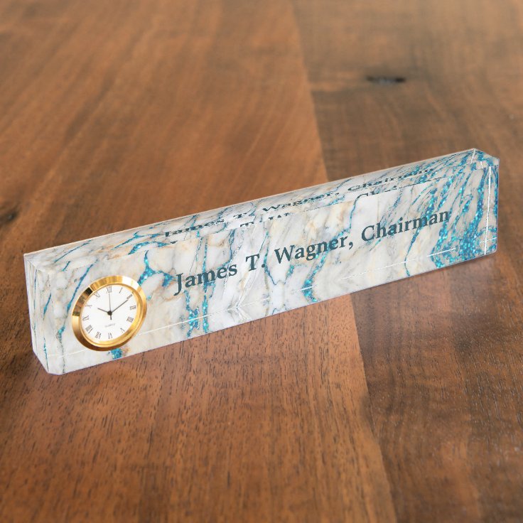 Blue Marble White Faux Stone Clock Desk Name Plate | Zazzle