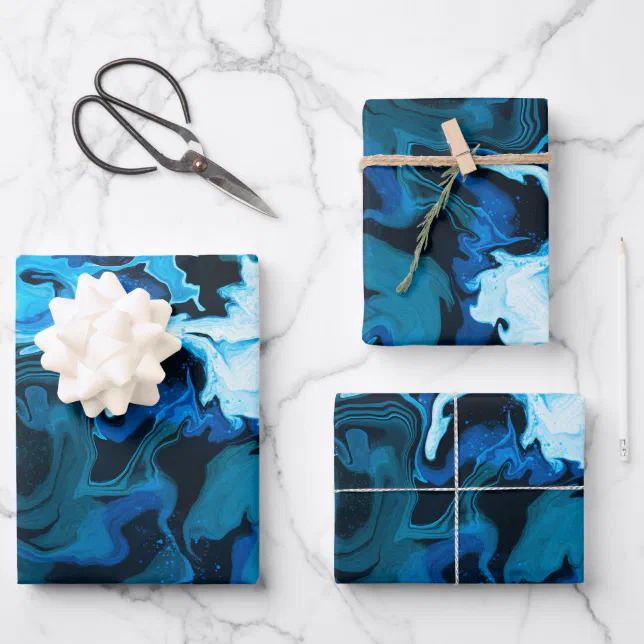 Blue Marbled Brushstrokes Handmade Wrapping Paper Sheets | Zazzle