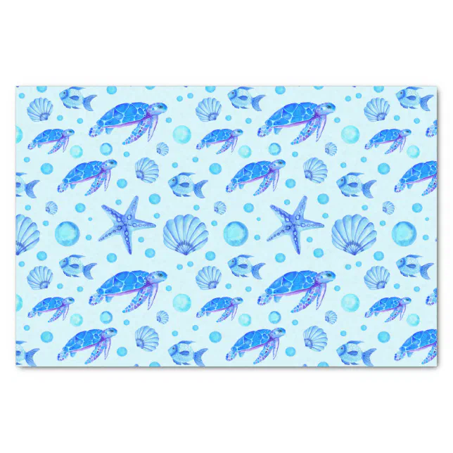 Blue Marine Life - Turtles, Fish and Seashells Tissue Paper | Zazzle