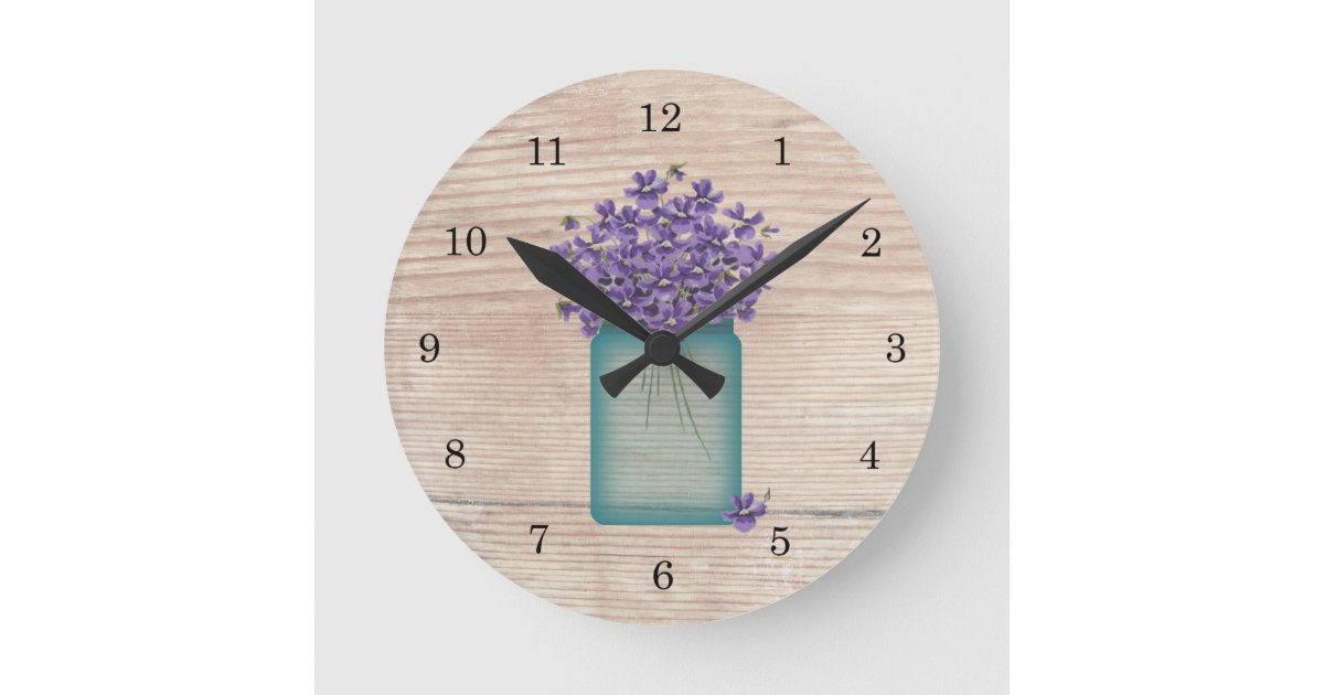 Blue Mason Jar Violets Wall Clock | Zazzle