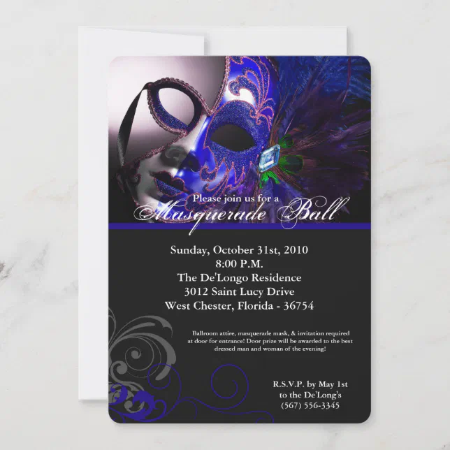 Blue Masquerade Ball Mask Costume Halloween Part Invitation | Zazzle