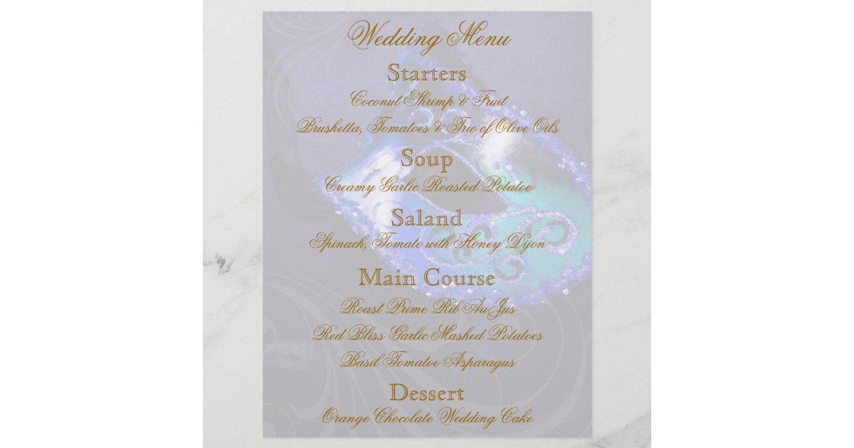 Blue Masquerade Ball Wedding Menu Flyer | Zazzle