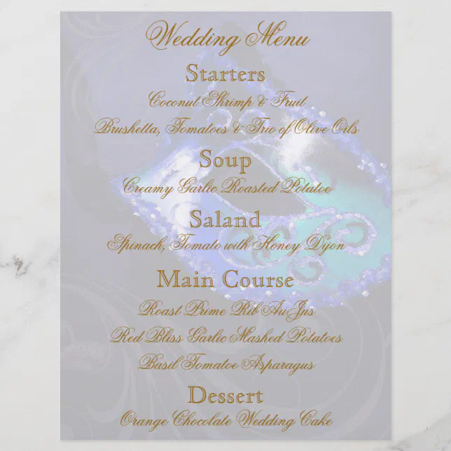 Blue Masquerade Ball Wedding Menu Flyer | Zazzle