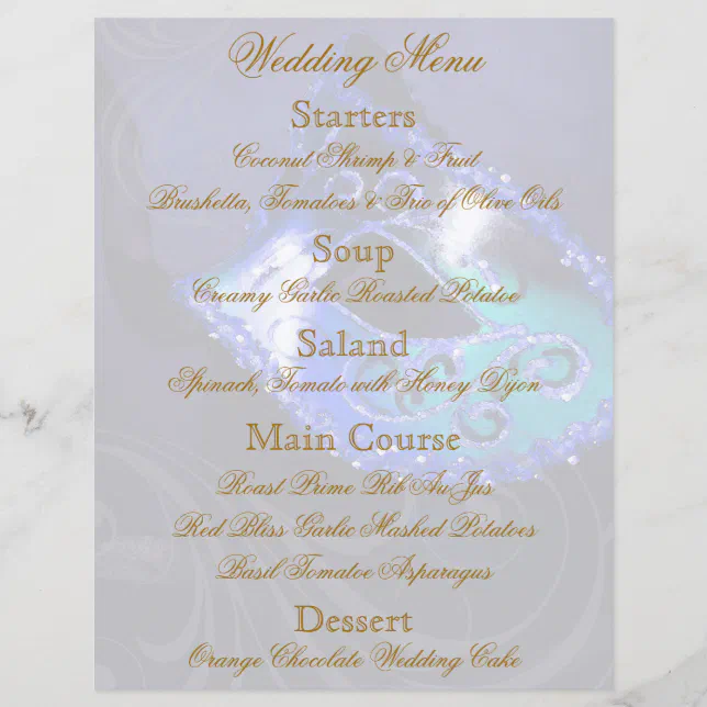 Blue Masquerade Ball Wedding Menu Flyer | Zazzle