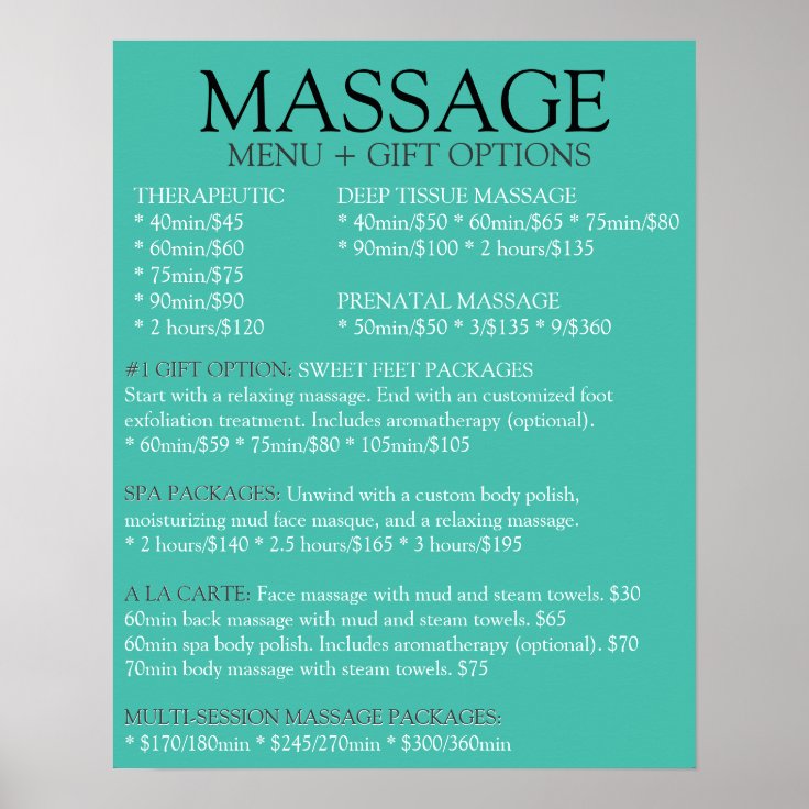 Blue Massage Service Menu List Poster Zazzle