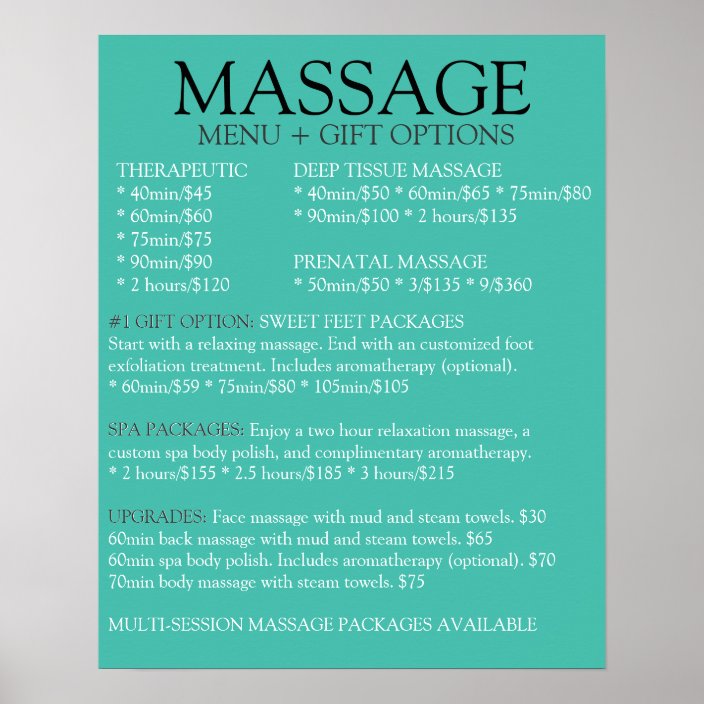 BLUE massage service menu list Poster | Zazzle.com