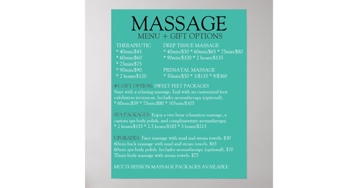 BLUE massage service menu list Poster | Zazzle