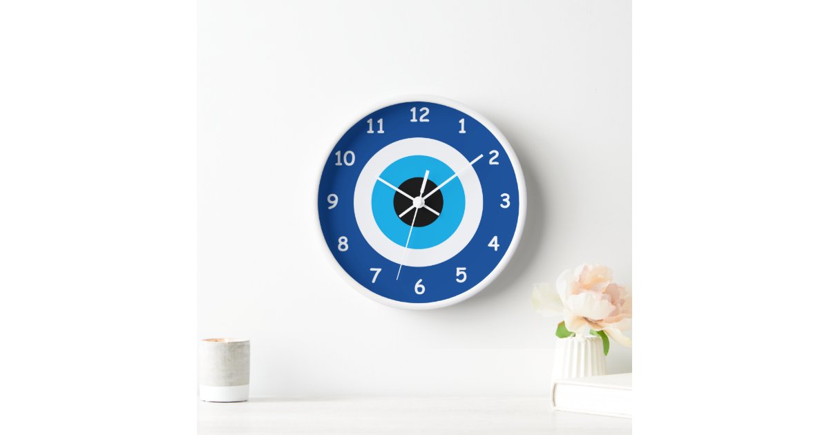 Blue Mati Evil Eye symbol round wall clock | Zazzle