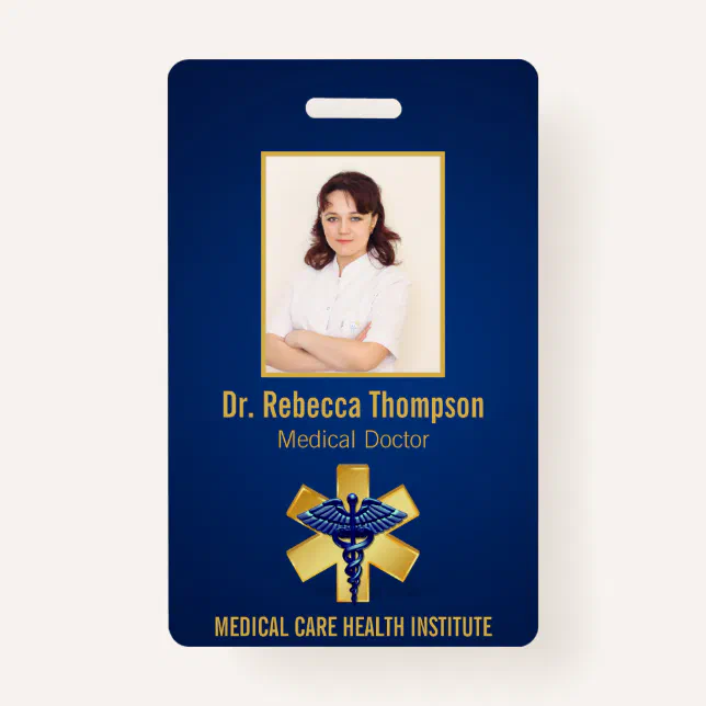Blue Medical 3D Caduceus Gold Paramedic Photo ID Badge | Zazzle