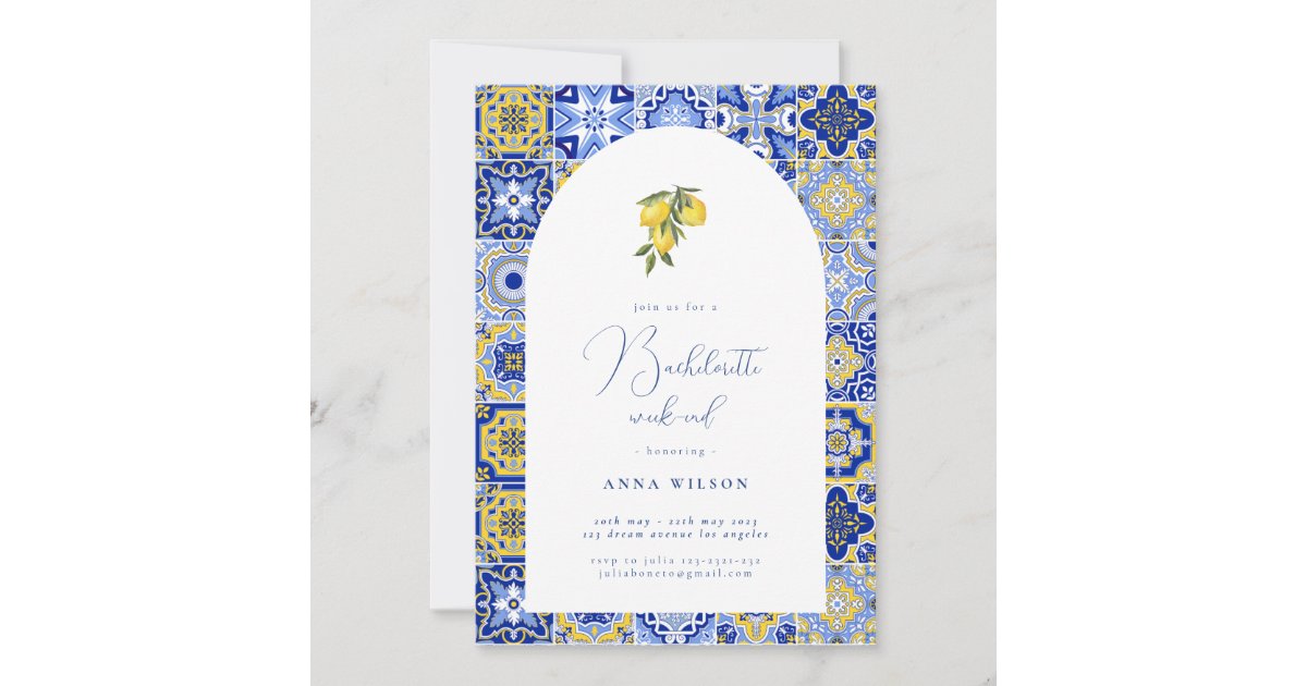 Blue Mediterranean Bachelorette Party Invitation | Zazzle