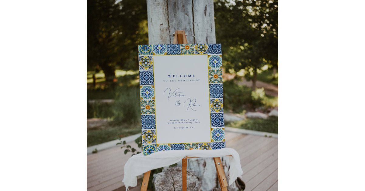 Blue Mediterranean citrus wedding welcome sign | Zazzle