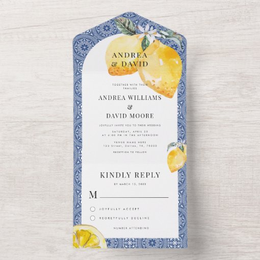 Blue Mediterranean Italian Tile & Lemon Wedding All In One Invitation ...