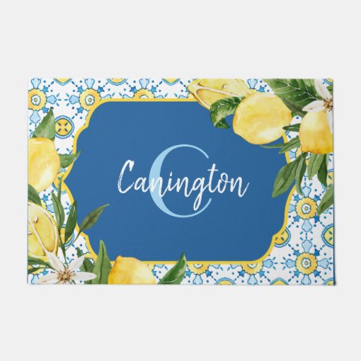 Blue Mediterranean Lemon Monogram Name New Home Doormat | Zazzle