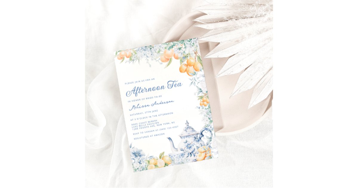 Blue Mediterranean Lemon Tea Party Bridal Shower Invitation | Zazzle
