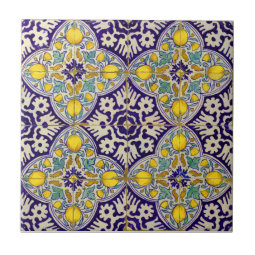 Blue Mediterranean Pattern Yellow Blossoms Ceramic Tile | Zazzle