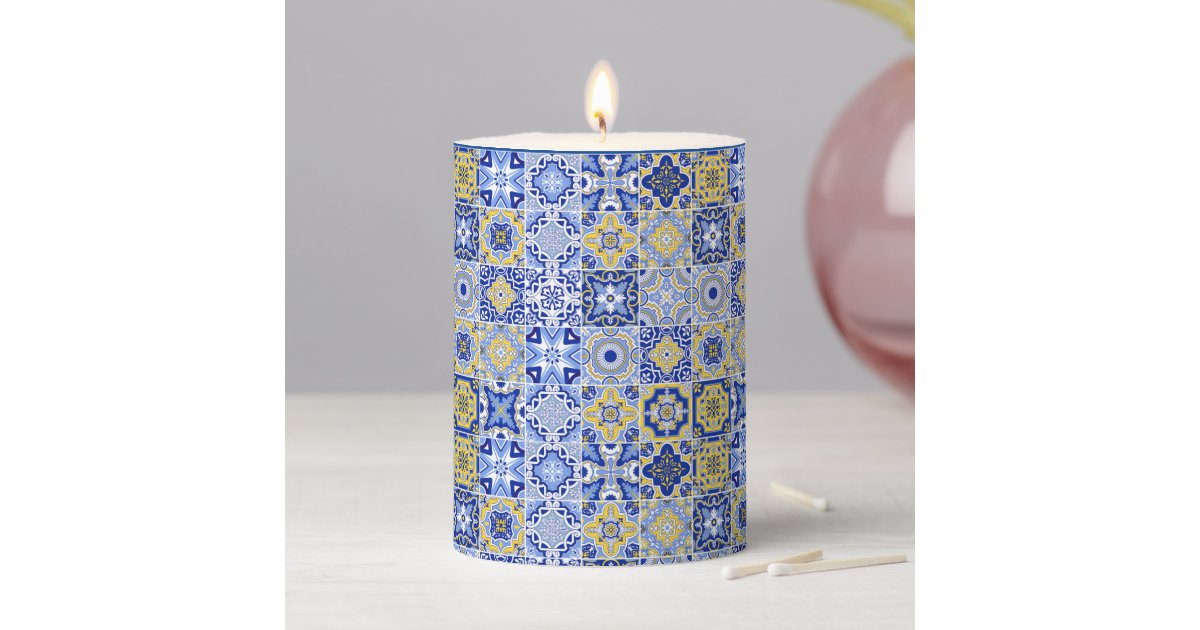 Blue Mediterranean Tile and Citrus Pillar Candles | Zazzle