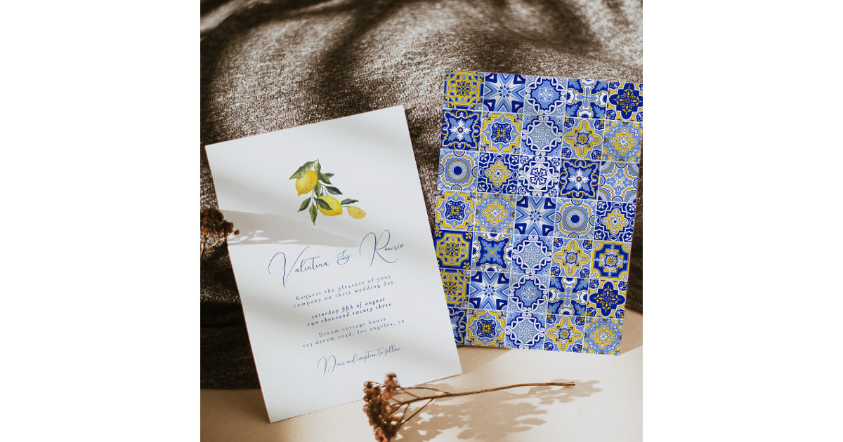Blue Mediterranean Tile and citrus wedding Invita Invitation | Zazzle