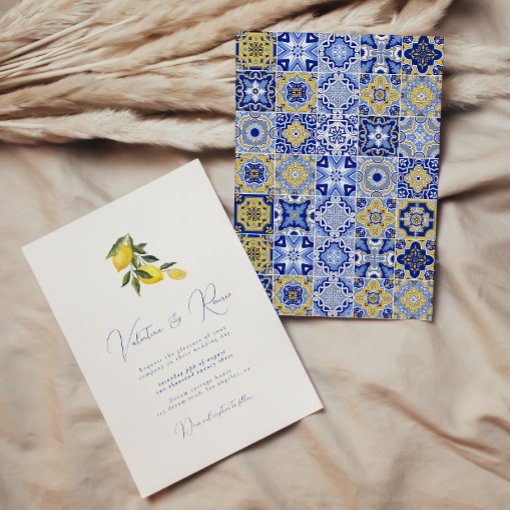 Blue Mediterranean Tile and citrus wedding Invita Invitation | Zazzle