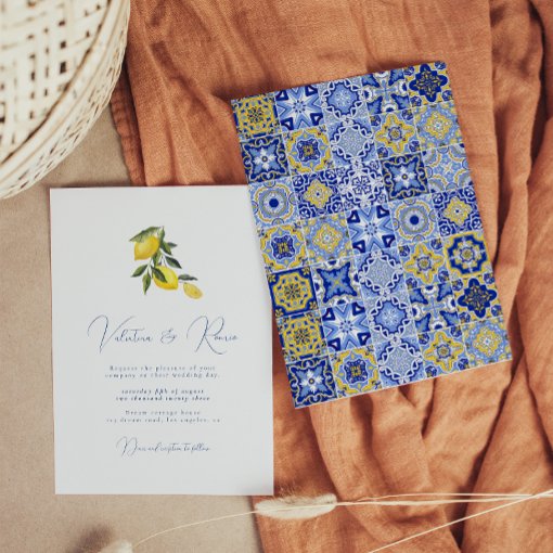 Blue Mediterranean Tile and citrus wedding Invita Invitation | Zazzle