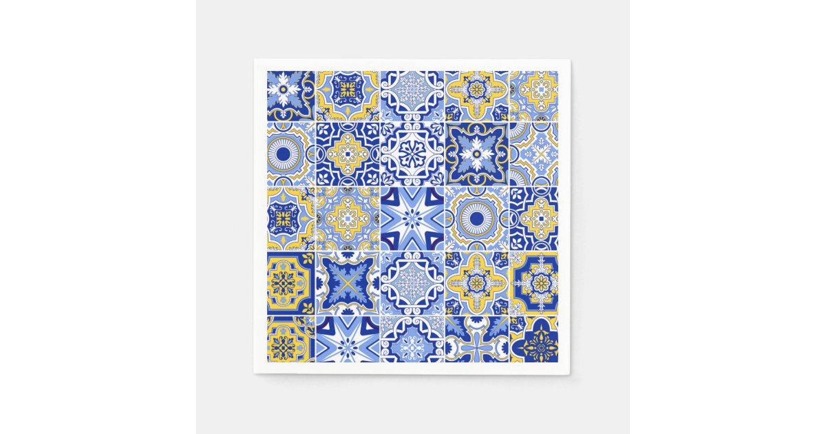 Blue Mediterranean Tile & Citrus Wedding napkins | Zazzle