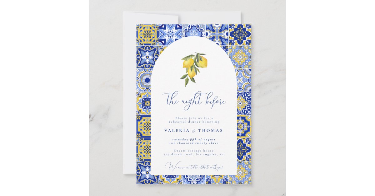 Blue Mediterranean Tile & Citrus Wedding Rehearsal Invitation | Zazzle