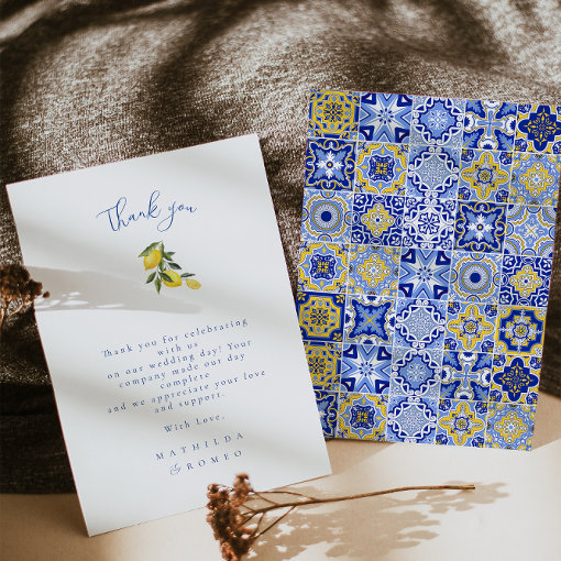 Blue Mediterranean Tile & Citrus Wedding Thank You Invitation | Zazzle