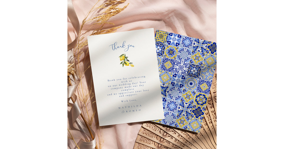 Blue Mediterranean Tile & Citrus Wedding Thank You Invitation | Zazzle