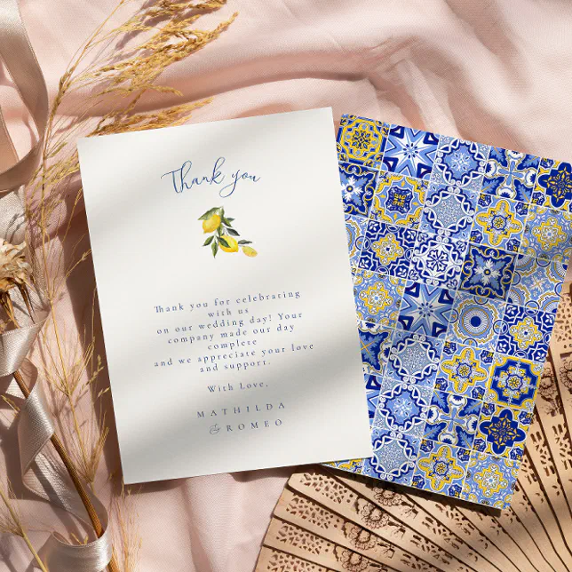 Blue Mediterranean Tile & Citrus Wedding Thank You Invitation | Zazzle