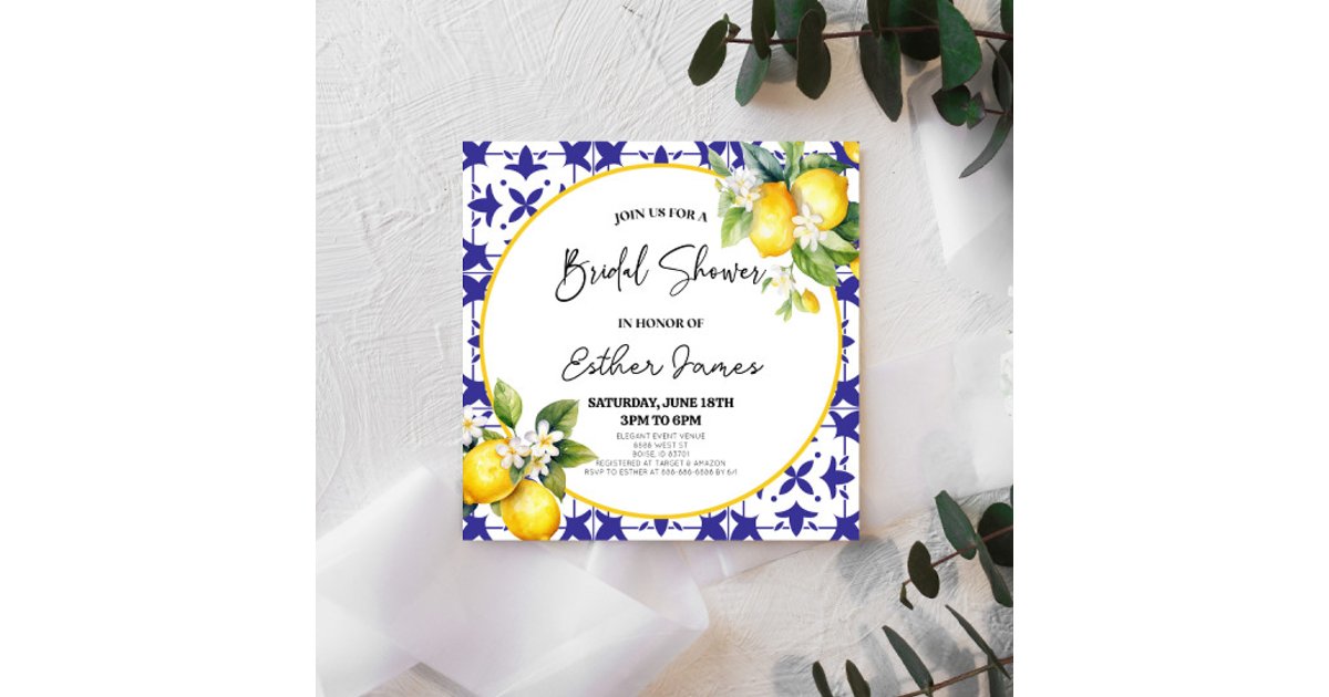 Blue Mediterranean Tile Lemon Floral Bridal Shower Invitation | Zazzle