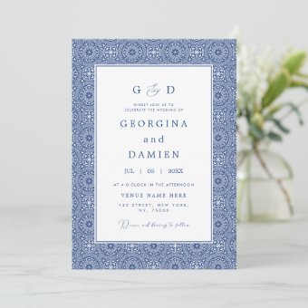 Blue Mediterranean Tile & Photo Elegant Wedding Invitation | Zazzle