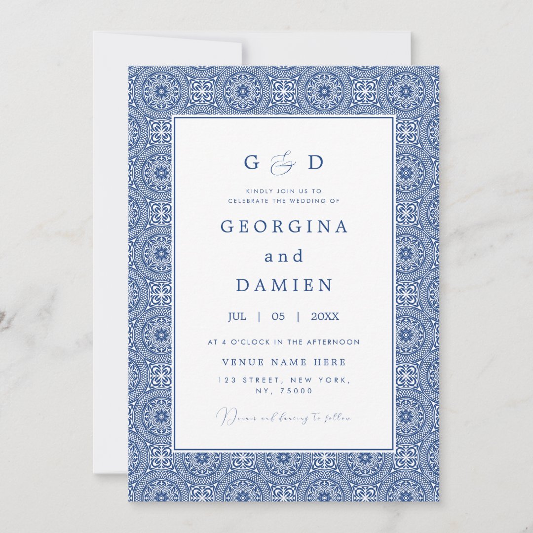 Blue Mediterranean Tile & Photo Elegant Wedding Invitation | Zazzle