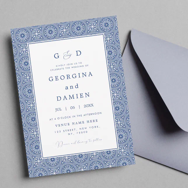 Blue Mediterranean Tile & Photo Elegant Wedding Invitation | Zazzle