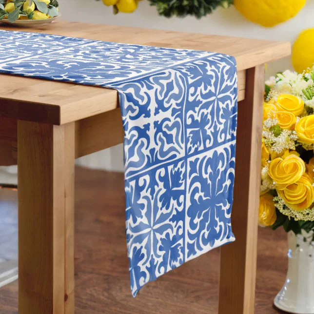 Blue Mediterranean Tile Wedding or Bridal Shower Medium Table Runner | Zazzle