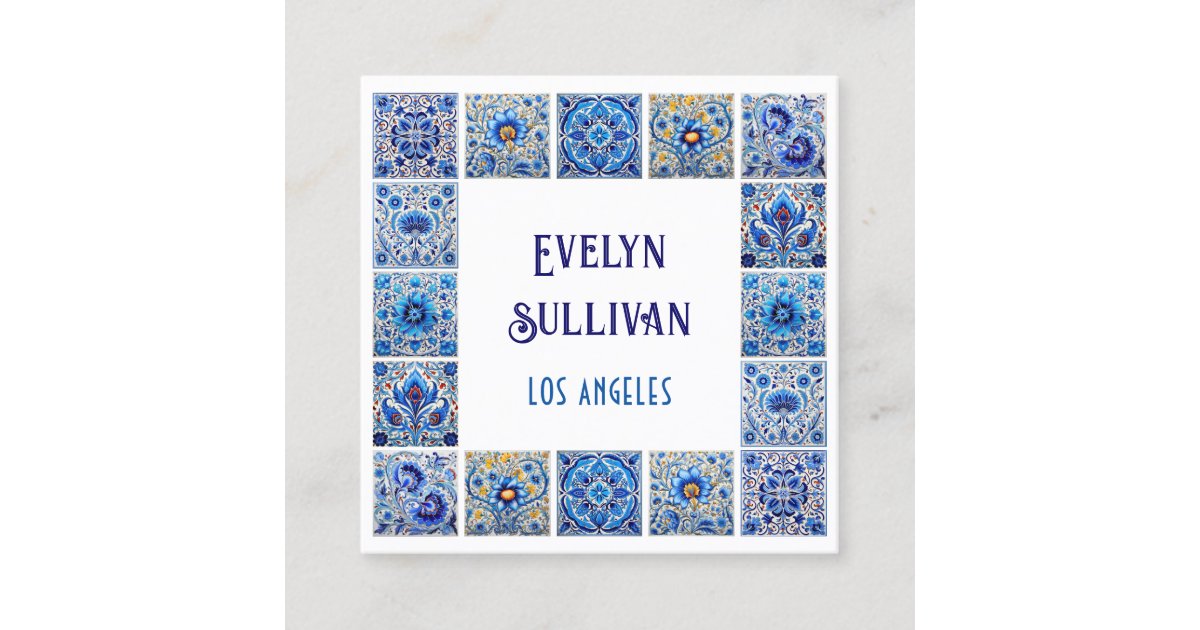 Blue mediterranean tiles frame business card | Zazzle