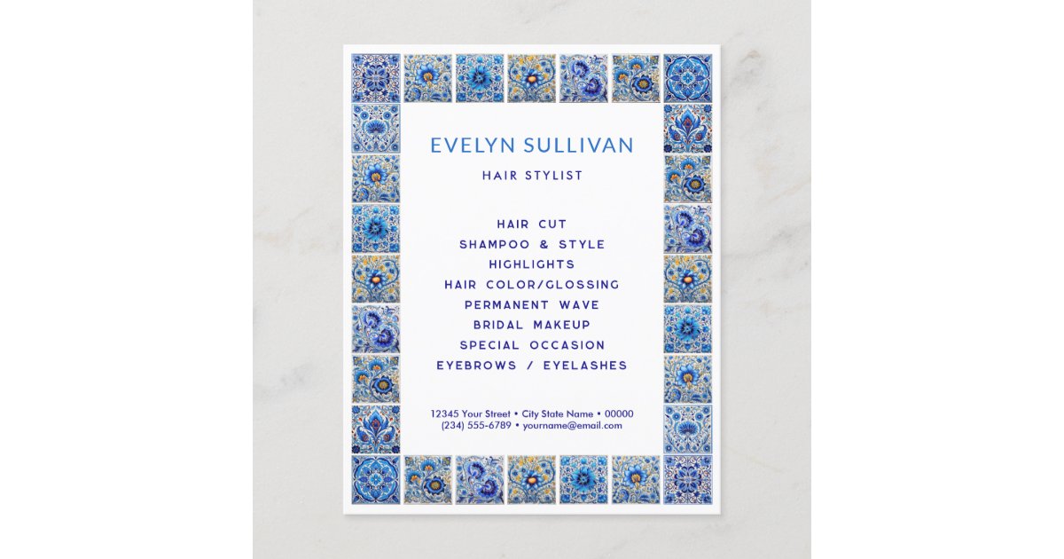 Blue mediterranean tiles frame flyer | Zazzle