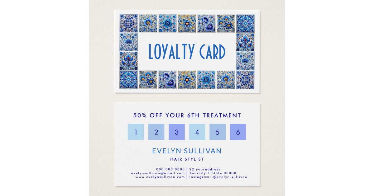 Blue mediterranean tiles frame loyalty card | Zazzle