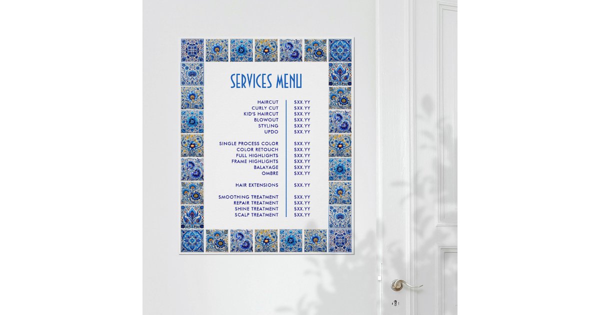 Blue Mediterranean Tiles Frame Price List Poster | Zazzle
