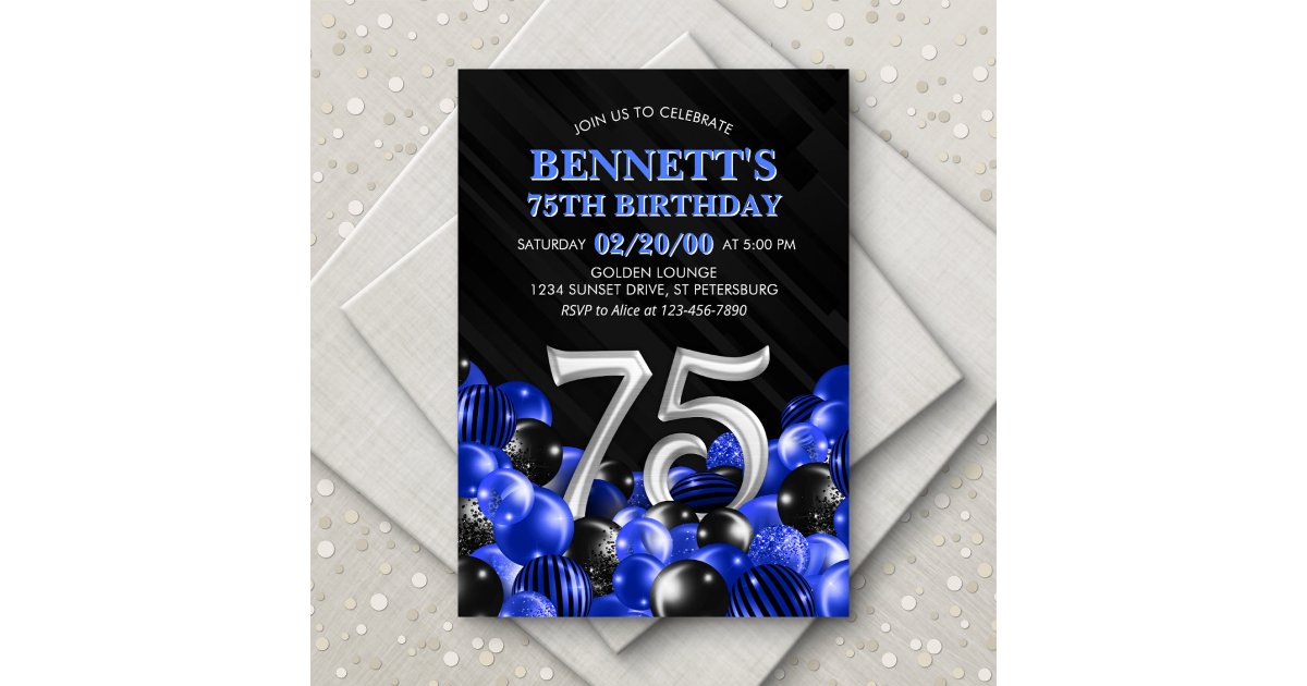 Blue Mens 75th Birthday Invitation | Zazzle