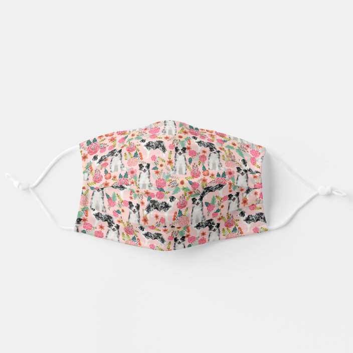 Blue Merle border collie vintage florals pink Adult Cloth Face Mask ...
