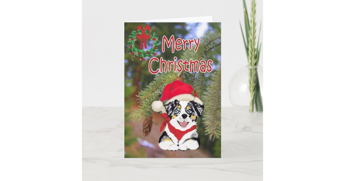 Blue Merle Christmas Aussie Cartoon Puppy Holiday Card | Zazzle