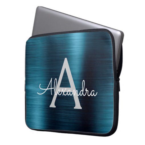Blue Metallic Modern Chic Stainless Steel Monogram Laptop Sleeve | Zazzle