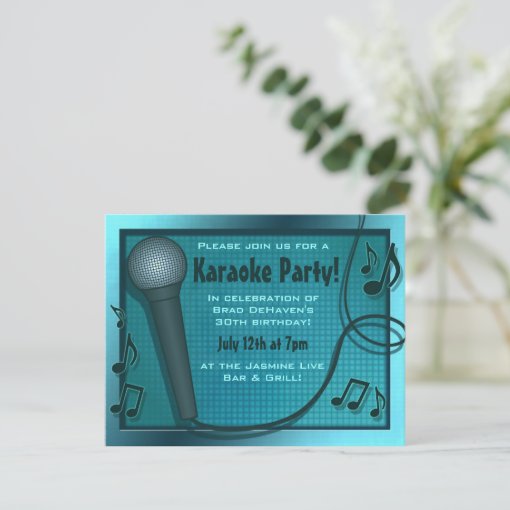 Blue Microphone Karaoke Party Invitation | Zazzle