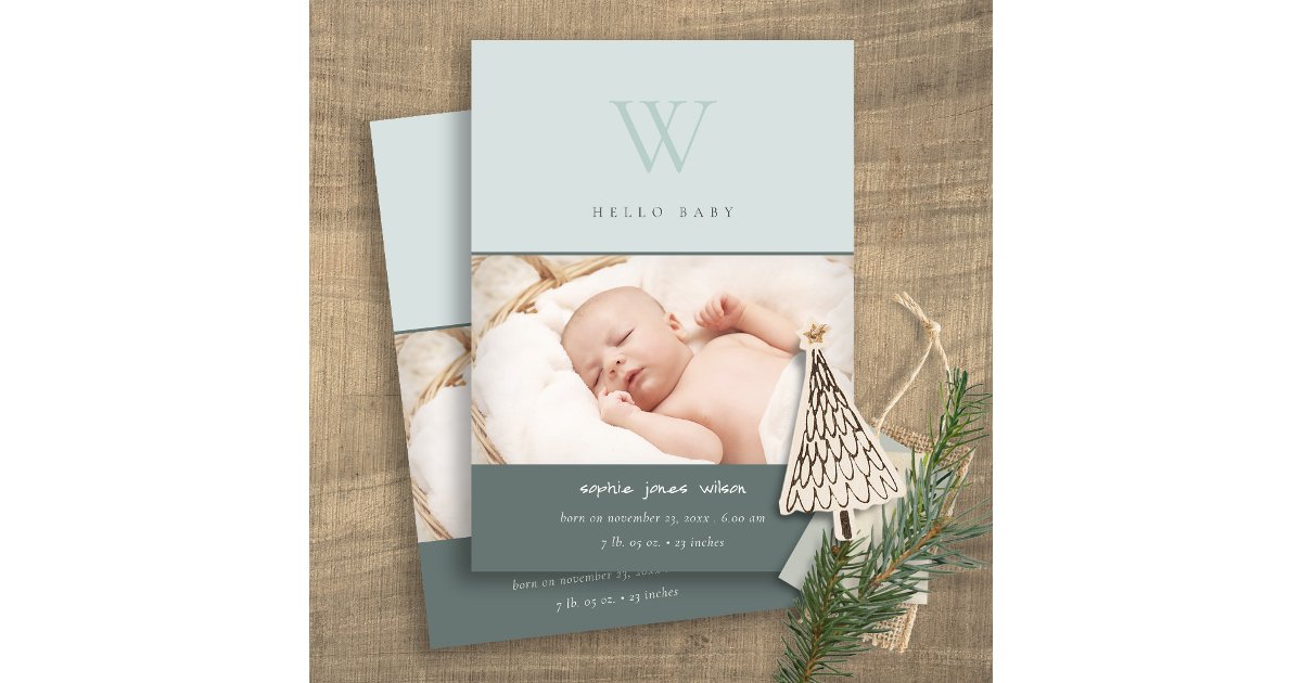 Blue Minimal Monogram Photo Birth Announcement | Zazzle