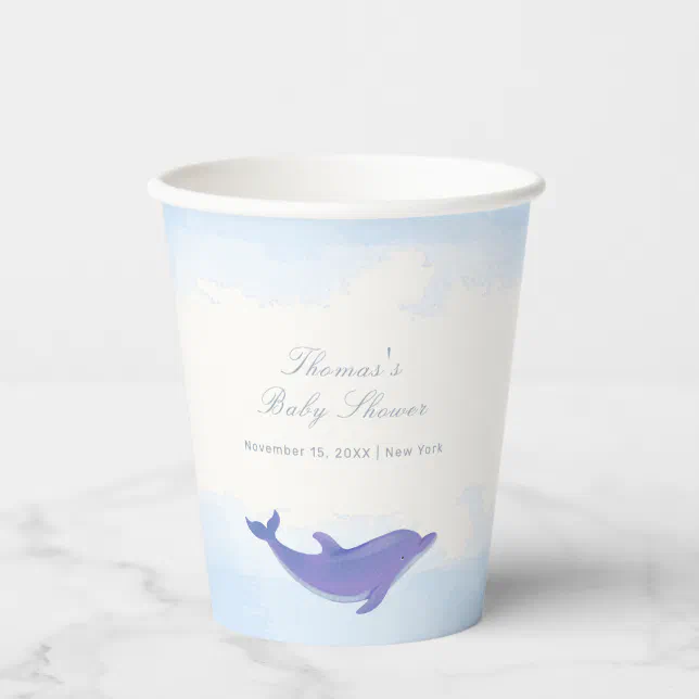 Blue Minimalist Boho Ocean Dolphin Baby Shower Paper Cups | Zazzle