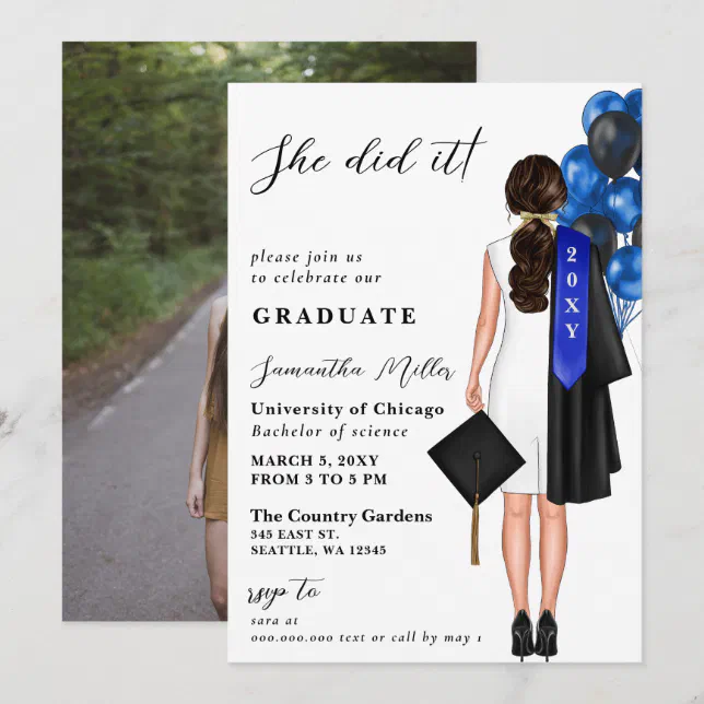 Blue Minimalist Photo She Did It Graduation Invitation | Zazzle