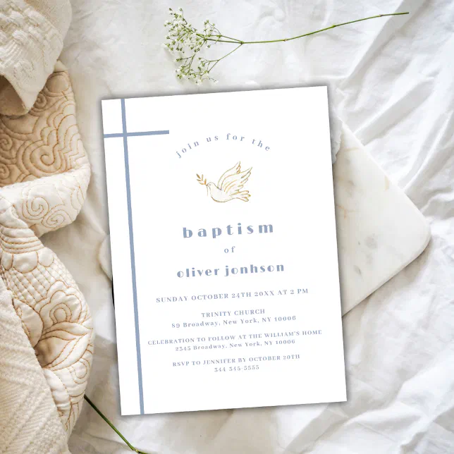 Blue Modern Bird Cross Christening Boy Baptism Invitation | Zazzle