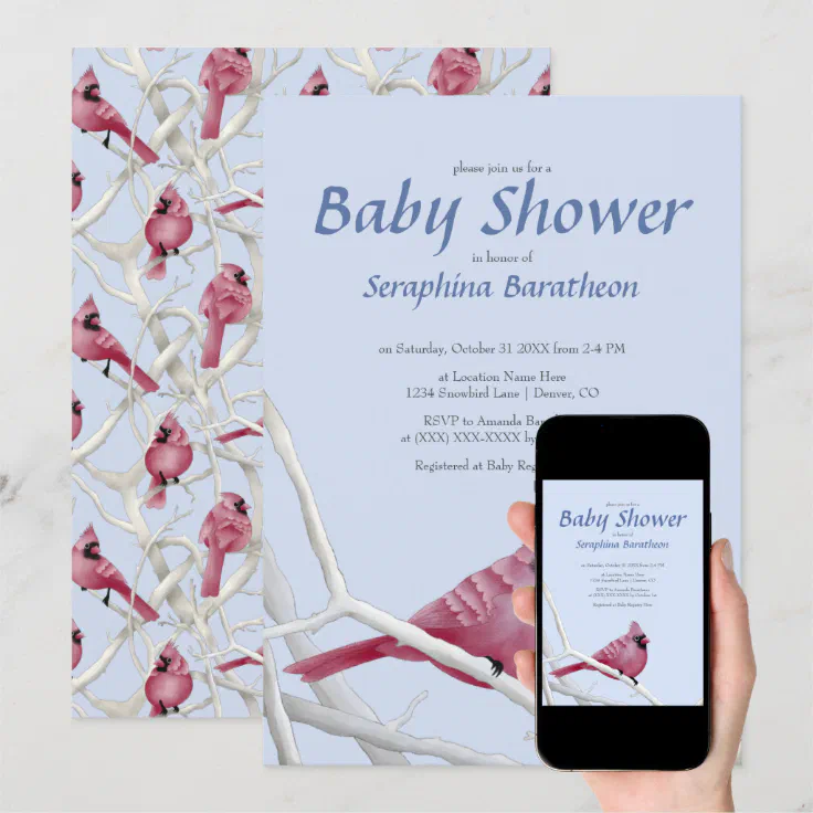 Blue Modern Christmas Cardinal Bird Baby Shower Invitation | Zazzle
